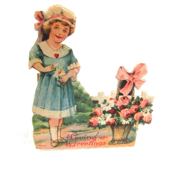 Other | Vintage Valentine Die Cut Stand Up Girl Bonnet Flower Basket ...